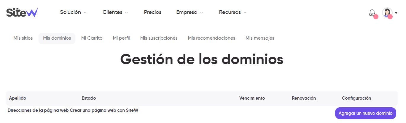 Guía de SiteW para administrar tu dominio